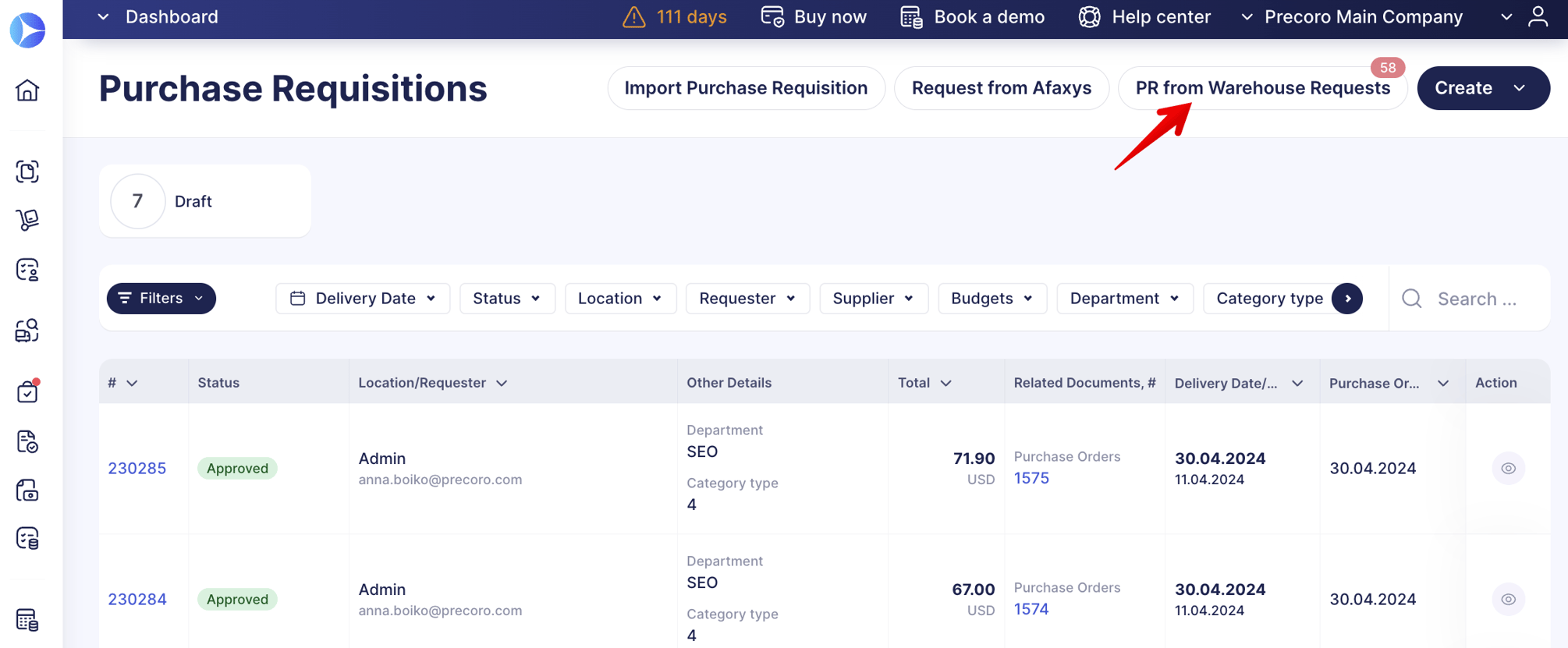 How to Create a Purchase Requisition from a Warehouse Request